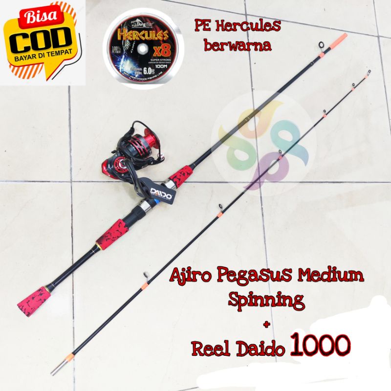 Jual satu set joran Spinning medium lentur fiber solid padat Ajiro Pegasus reel daido besi senar ...