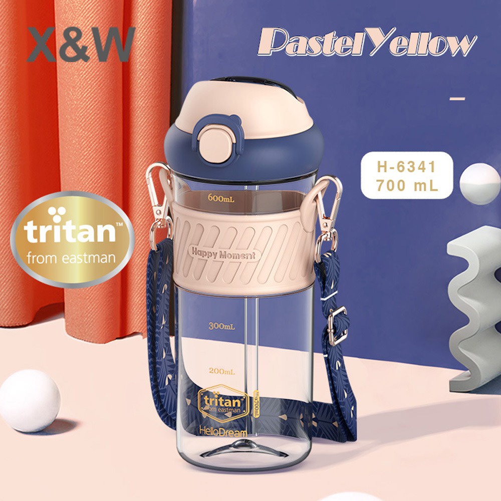 Jual Botol Minum Plastik tritan H-6341 with Straw + tali panjang 700ml ...