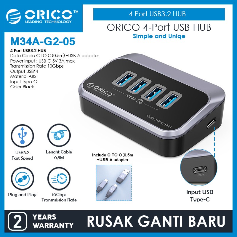 Jual Type-c to Usb-A hub orico 4 port usb3.2 10Gbps 50cm cable w/ Usb-A otg adapter m34a-g2-05 ...