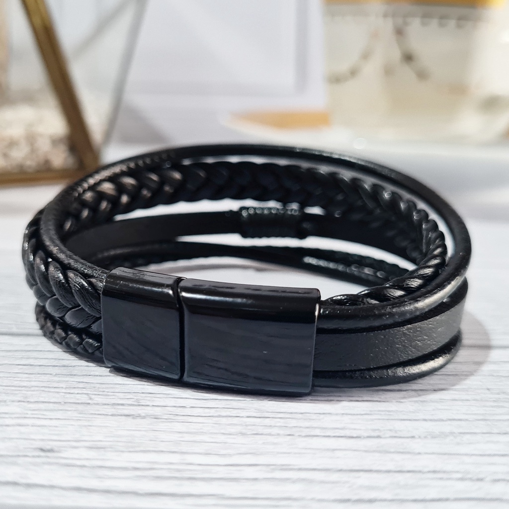 Jual GELANG Pria Mens Bracelet Hitam Kulit Leather Black | Shopee Indonesia