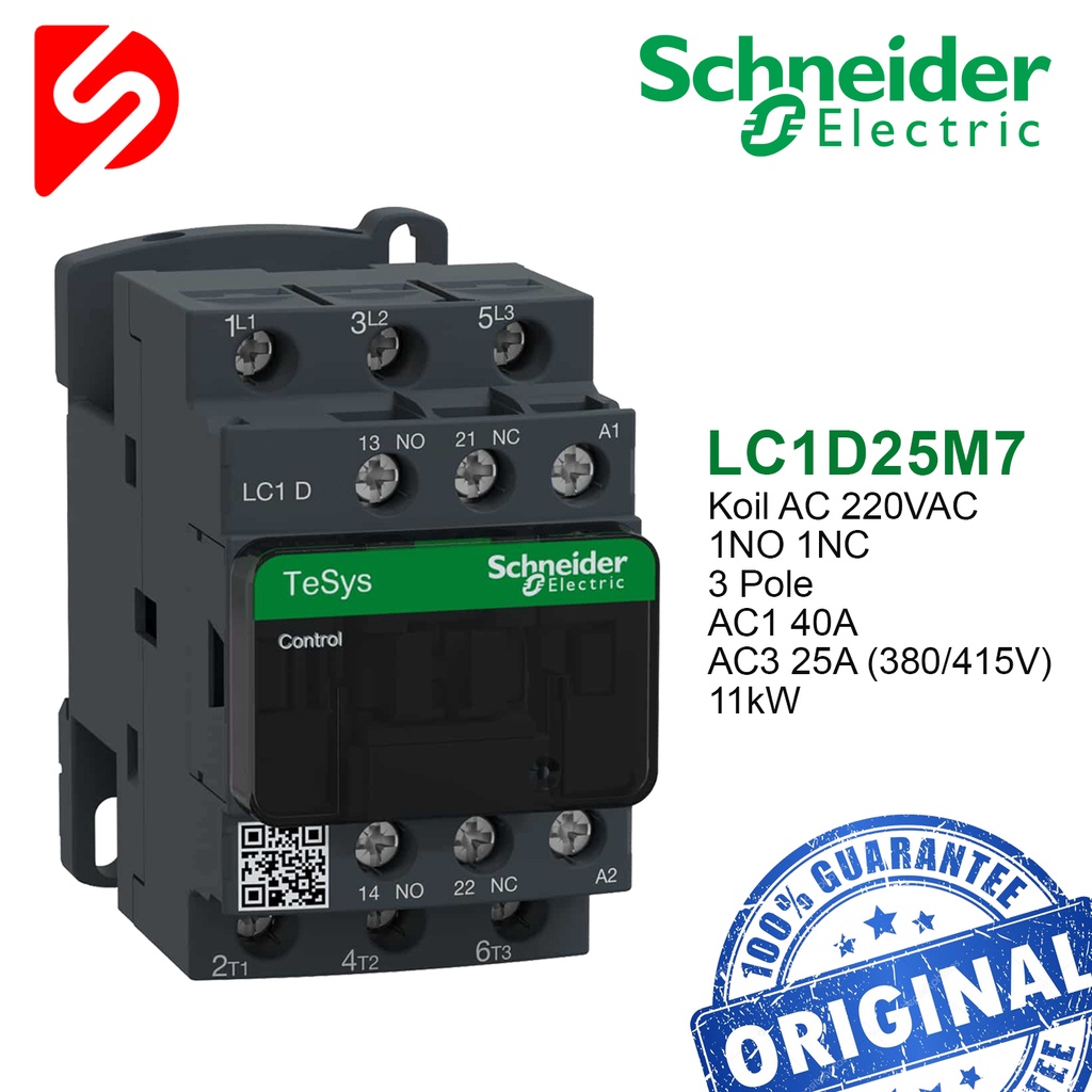 Jual Kontaktor LC1D25M7 3P 40A 220VAC 1NO 1NC Original Contactor Schneider | Shopee Indonesia