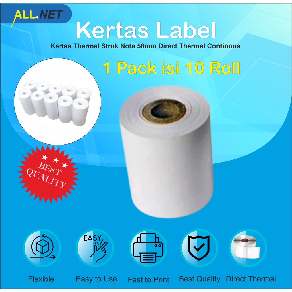 Jual Kertas Thermal 1 Pack isi 10 Roll Direct Thermal 57 / 58mm | Shopee Indonesia