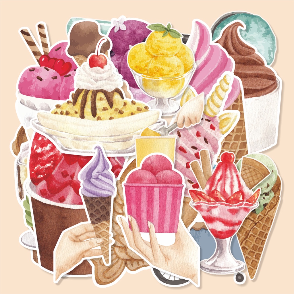 Jual ( 50 pcs ) random stiker/ICE CREAM-watercolor/murah /food cute ...