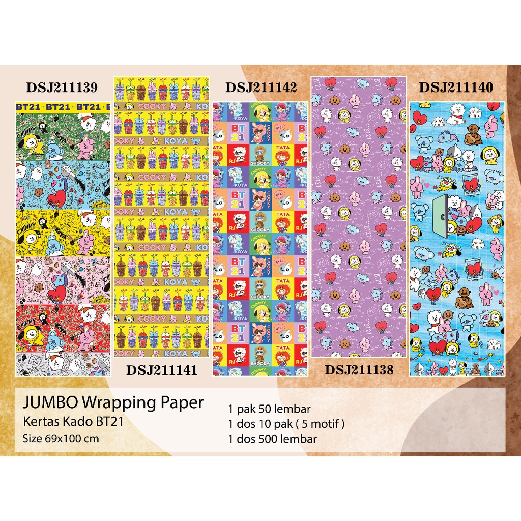 Jual Kertas kado Jumbo BT21, kertas kado doff, wrapping paper, kertas ...