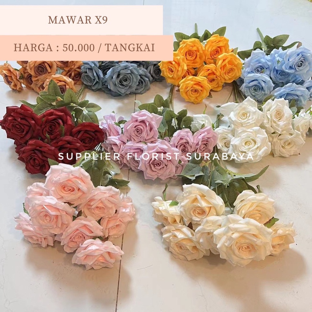 Jual [9 KEPALA] BUNGA PALSU MAWAR PREMIUM CABANG 9 ARTIFICIAL FLOWER ...