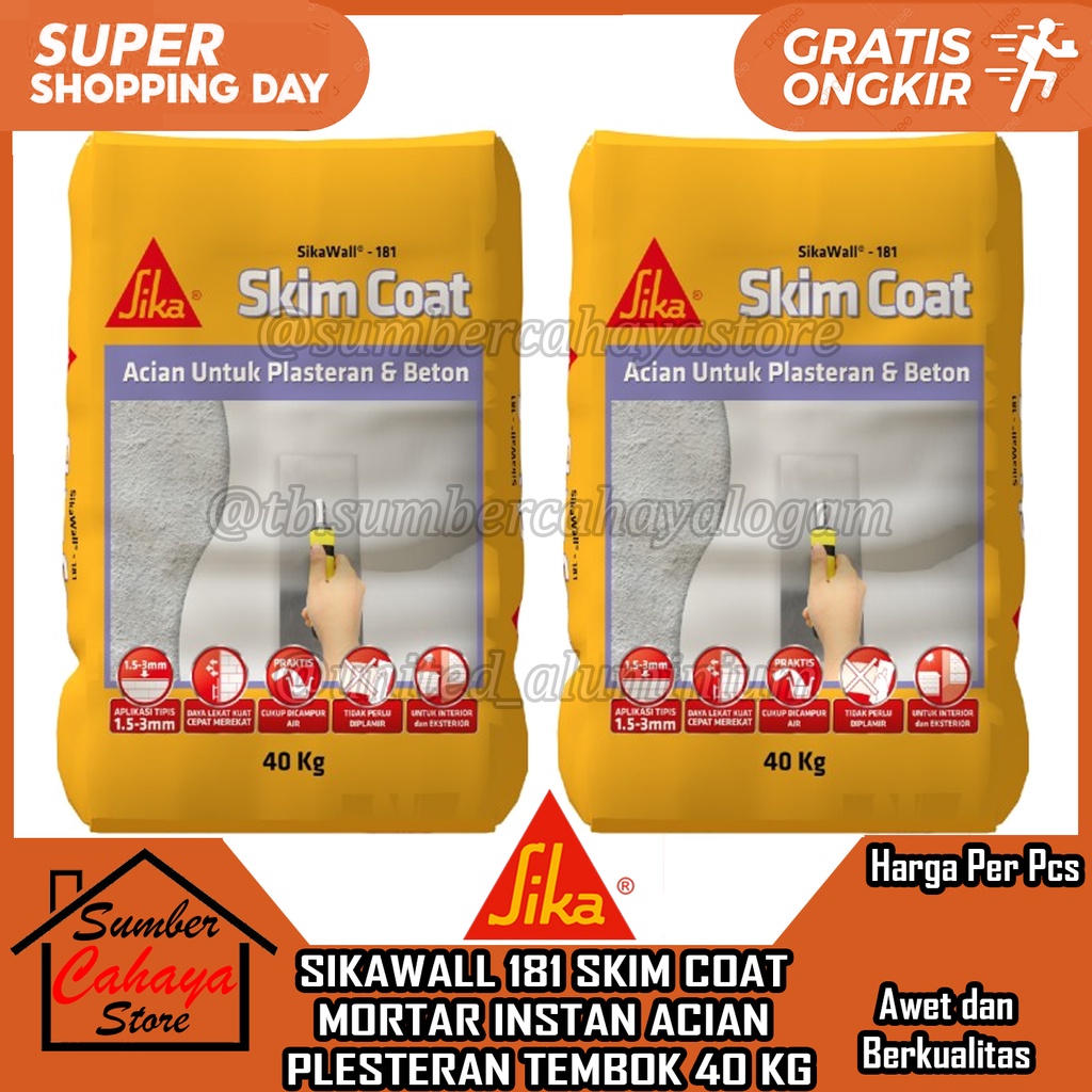 Jual SIKAWALL 181 SKIM COAT MORTAR INSTAN ACIAN PLESTERAN TEMBOK 40KG SIKA WALL SKIMCOAT LAPISAN ...