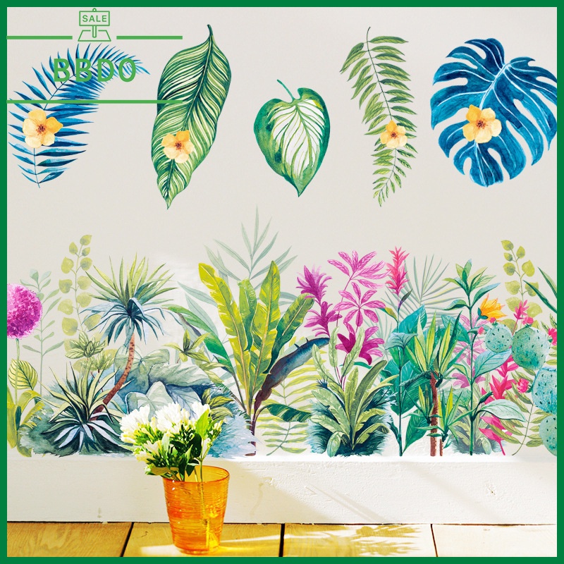 Jual wall sticker lucu aesthetic motif bunga dan daun warna warni wallpaper dinding kamar tidur ...