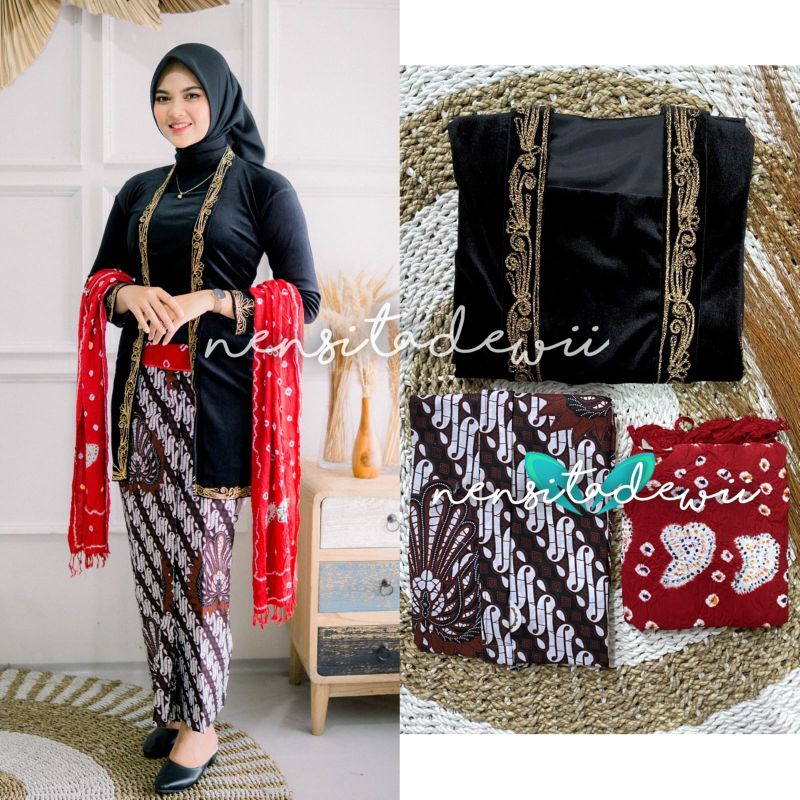 Jual [1 Set, LHT02] Kebaya Bordir, Jarik Instan + Selendang Jumputan ...