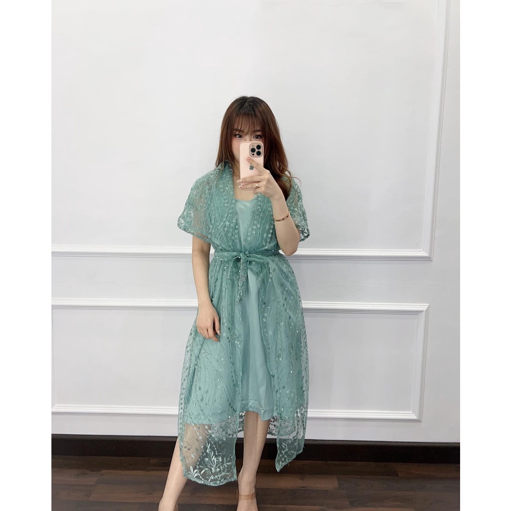Jual LONG DRESS TILE FULL/SELLA DRESS/DRESS KONDANGAN DRESS BRUKAT SAGE ...