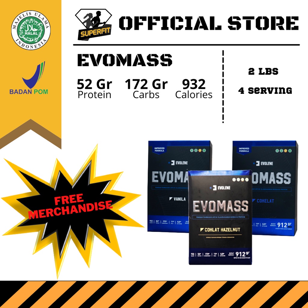 Jual Evolene Mass Gainer Evomass Evo Mass 2 LB 912 GRAM BPOM & Halal | Shopee Indonesia