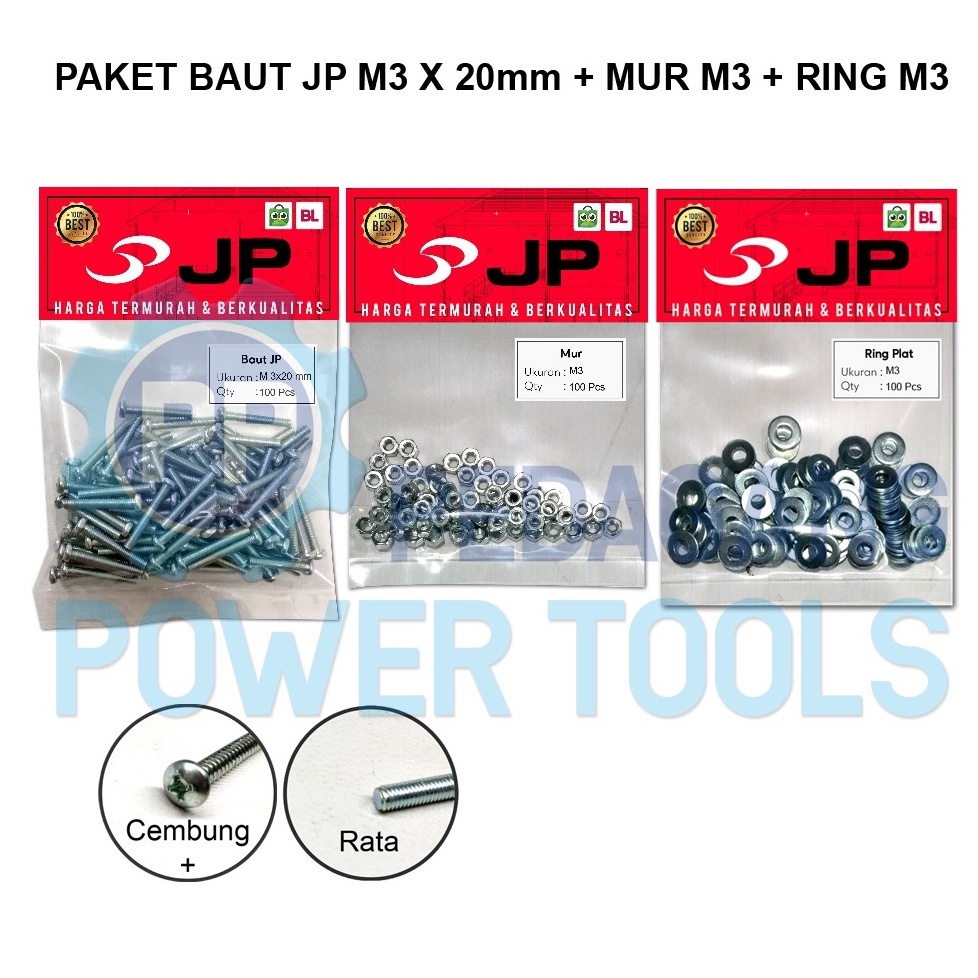 Jual PAKET 3 SET JP M 3x20 BAUT MUR RING PLAT M 3 x 20 MUR M3 ISI 100 ...