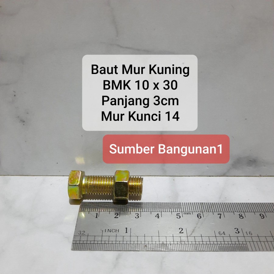 Jual Baut BMK 10 x 30 Mur M10 kunci ring pas 14 kuning 3cm M10x30 besi 10mm | Shopee Indonesia