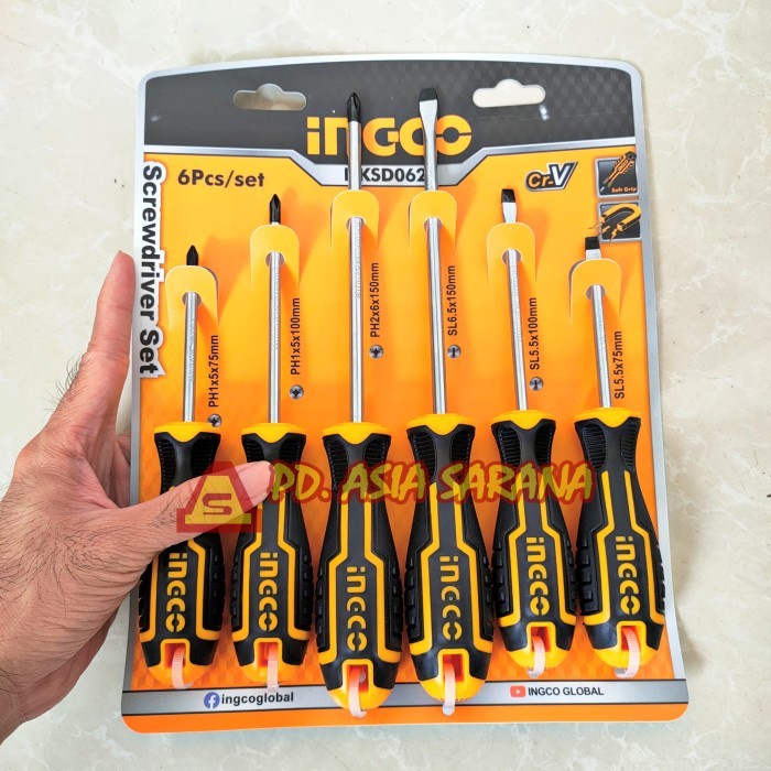 Jual Screwdriver 6pcs Set Magnet INGCO HKSD0628 Obeng Plus Minus Chrome ...