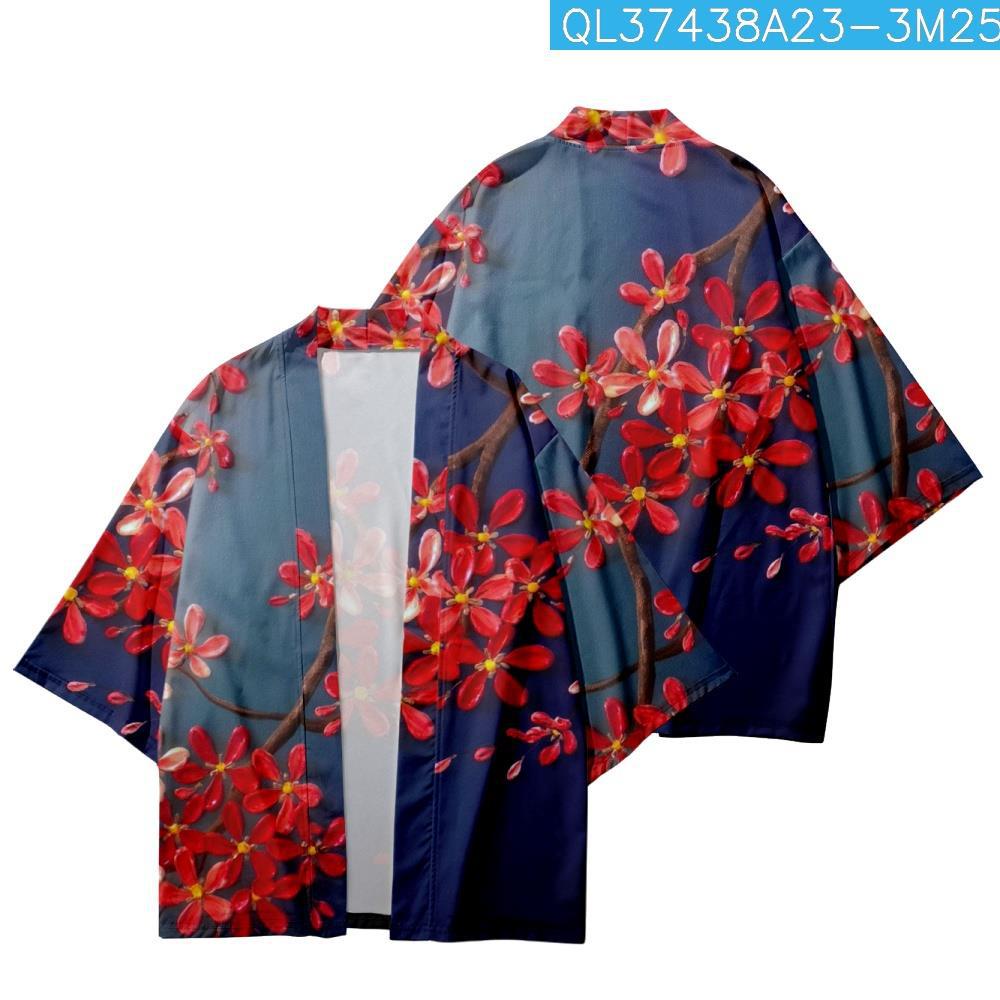 Jual baju kimono Couple Women Men Red Floral Printed Gradient Loose Cardigan Haori Yukata Casual ...