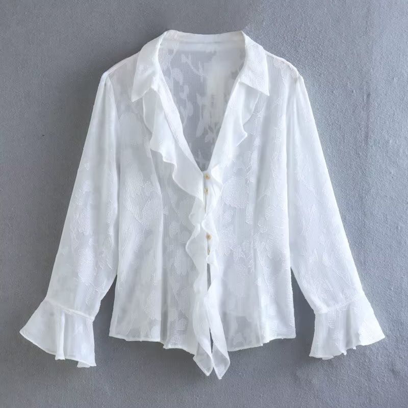 Jual White Ruffle Neck Blouse 68914 (SALE) | Shopee Indonesia