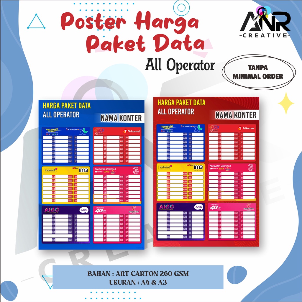 Jual Poster Konter Daftar Harga Kuota / Poster Daftar Harga Paket Data ...
