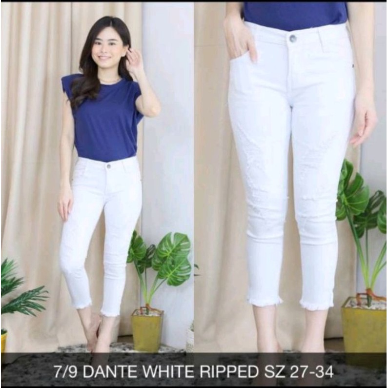 Jual CELANA JEANS WANITA 7/9 DANTE WHITE RIPPED PUTIH POLOS BAHAN SOFTJEANS STRETCH MELAR SIZE ...