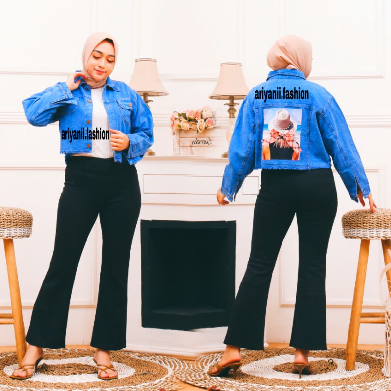Jual ARN - JAKET JEANS CROP WANITA PITA BELAKANG KEKINIAN LD 120cm OVERSIZE JACKET DENIM SOBEK ...