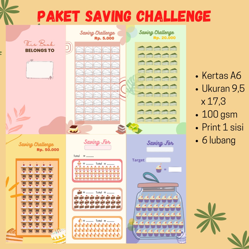 Jual ( Isi 6 ) Paket Kertas Saving Challenge / Kertas Binder Tantangan Menabung Ukuran A6 ...