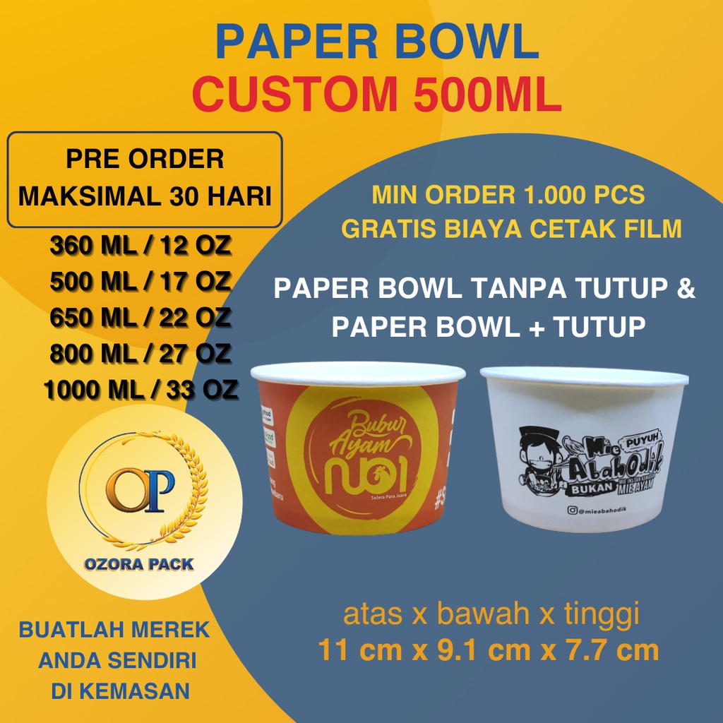 Jual Paper Bowl Custom Printing Warna 500ml (17 oz) / Paper Bowl Sablon ...
