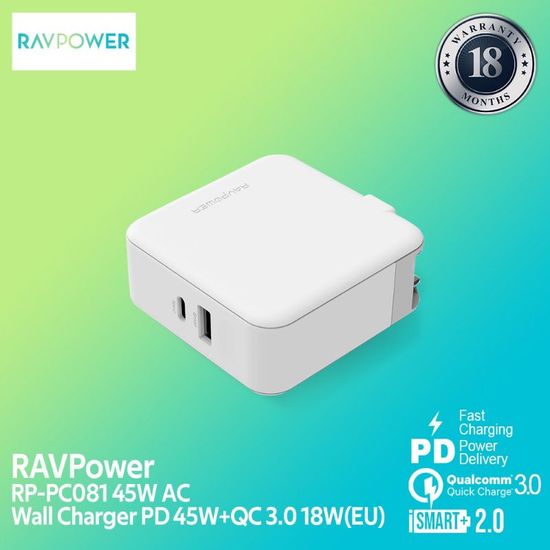 Jual RAVPower RP-PC081 45W AC Wall Charger PD 45W+QC 3.0 18W | Shopee ...