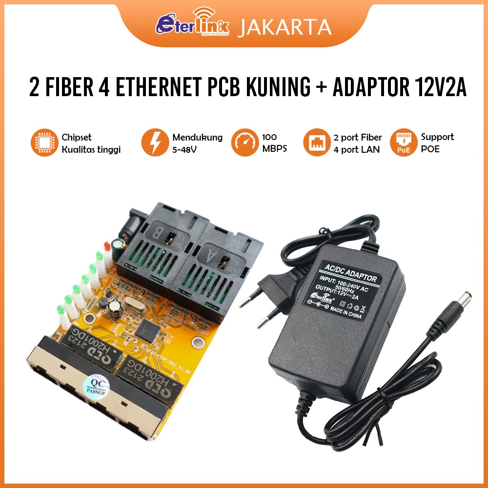 Jual PCB + Dengan Adaptor 12V2A 2F4E Yellow Media Converter 2 Port FO - 4 Port LAN Tanpa BOX ...