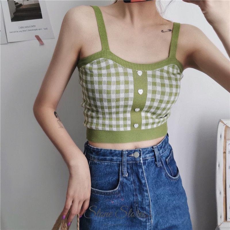 Jual Korean Square Knit Crop Tank Top Wanita Motif Kotak-Kotak ...