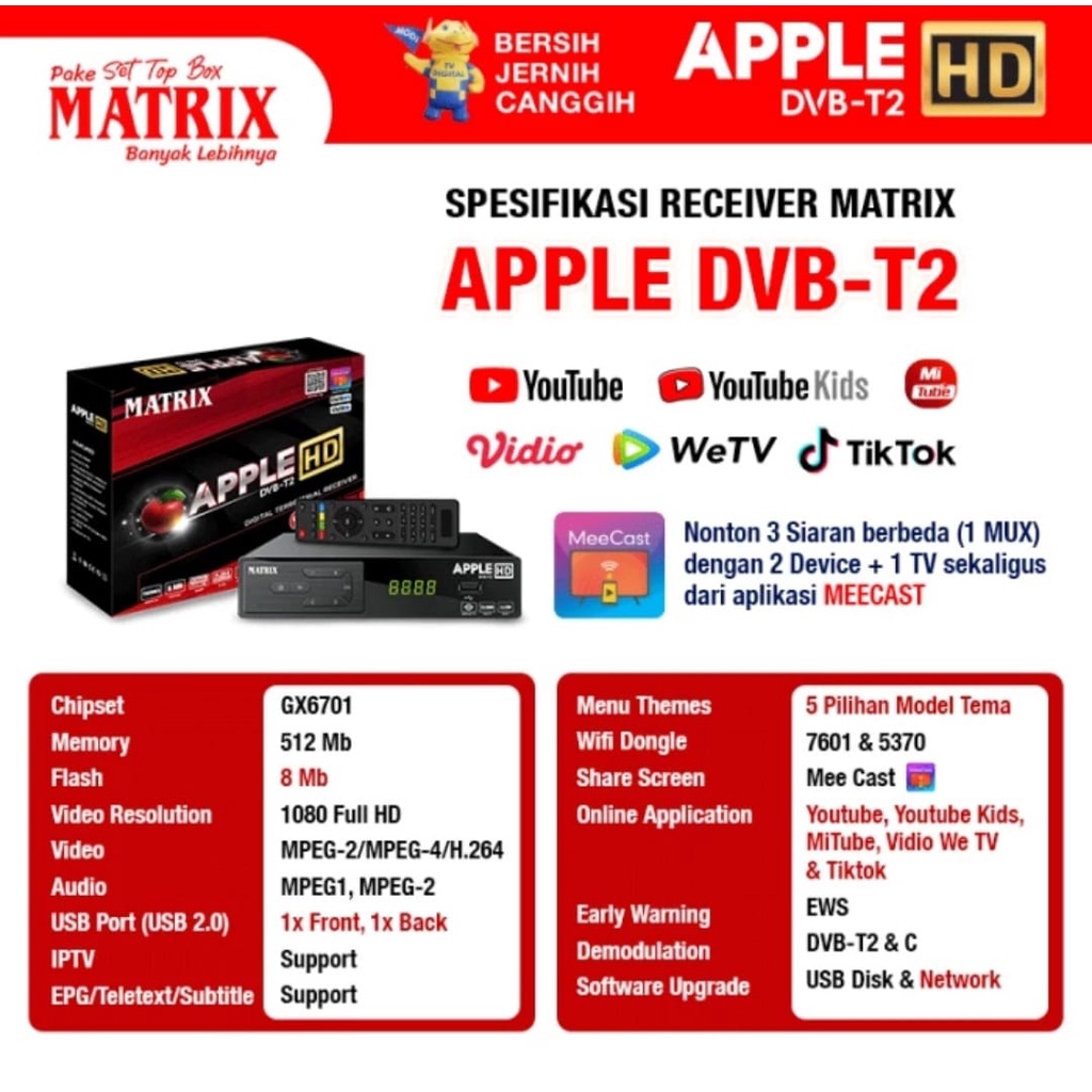 Jual STB Matrix Set Top Box Receiver Siaran Digital TV APPLE HD DVB-T2 MERAH / STB TV Digital ...