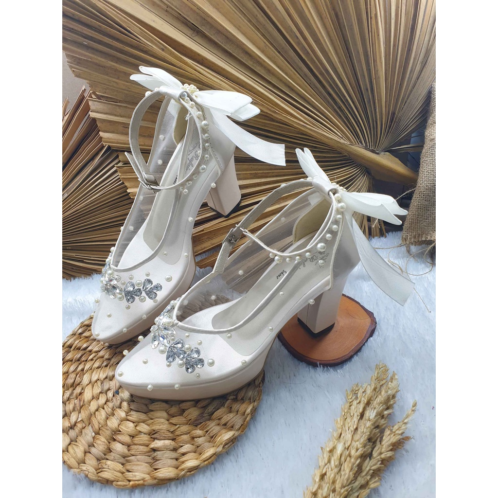 Jual Sepatu wedding cantik v merrisa jaring tali pita broken white 9 cm ...
