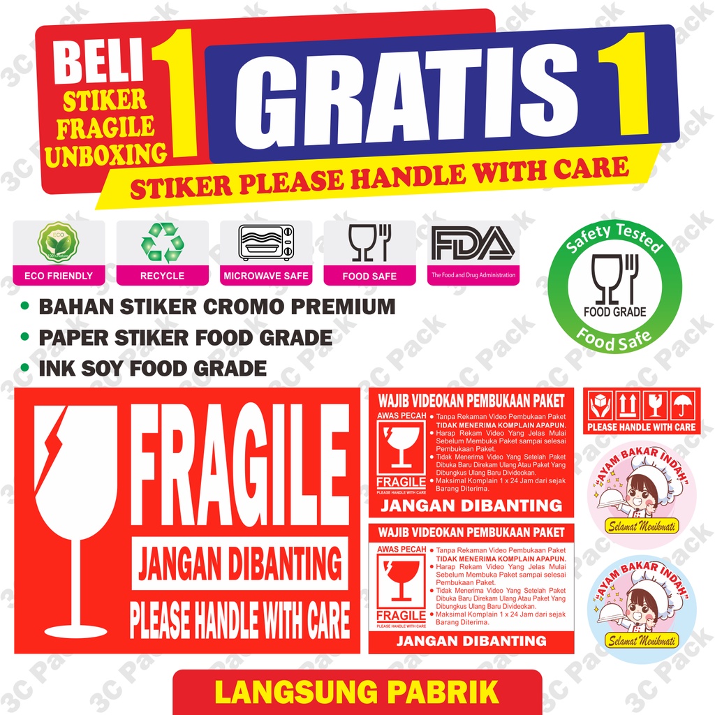 Jual Stiker Fragile ukuran apa saja beli 1 free 1 stiker fragile handle ...