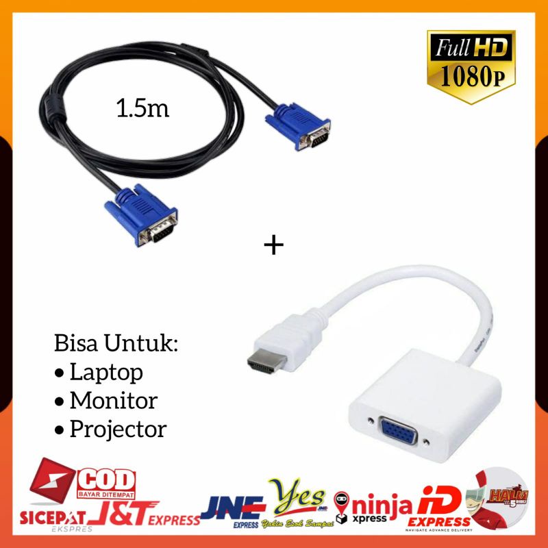 Jual (COD) KABEL VGA TO VGA DIGITAL MALE TO MALE 1.5 METER + ADAPTER ...