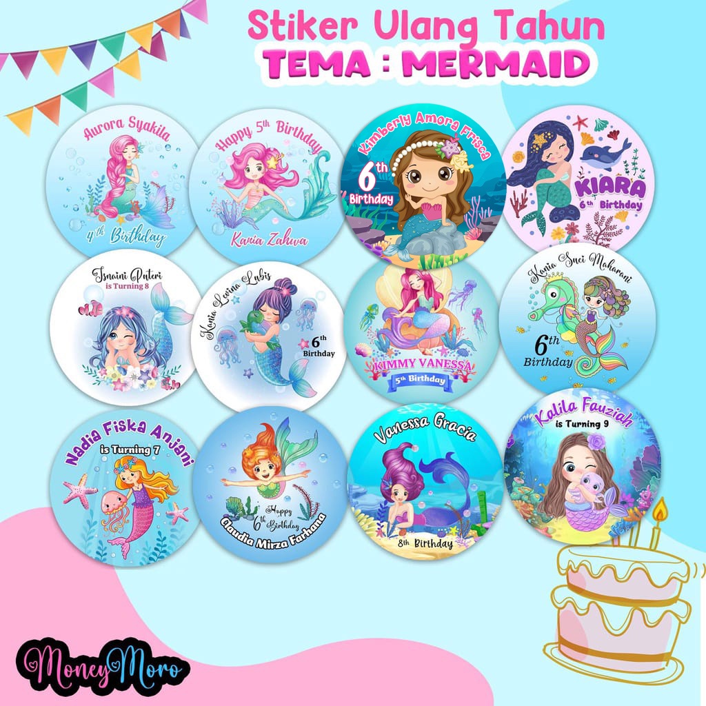 Jual MoneyMoro Stiker Ultah Ulang Tahun Mermaid / Label Birthday Custom ...