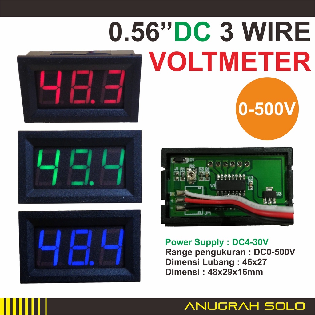 Jual Digital Voltmeter DC 3 Wire 0-500V DC Merah 0.56INCH Volt Meter DC ...