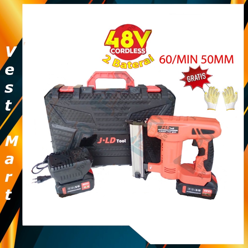 Jual Mesin Paku Angin Tembak Lurus Nailer Cordless 50mm 2batre 48v | Shopee Indonesia