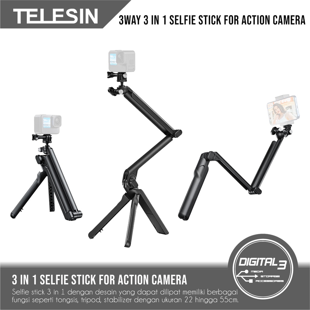 Jual Telesin 3 Way 2.0 Monopod Tongsis Tripod Stick Action Camera Gopro | Shopee Indonesia