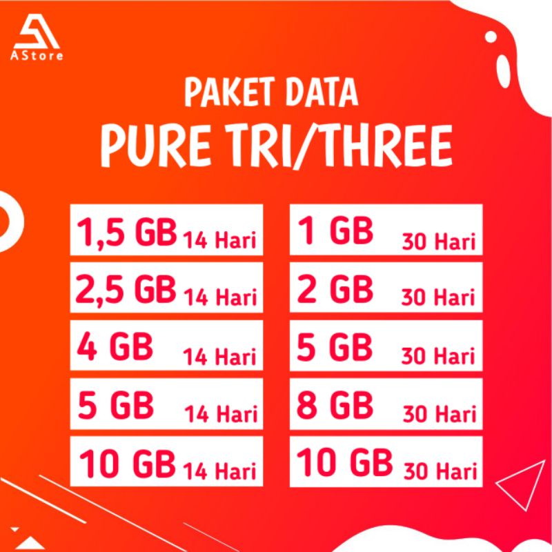 Jual PAKET DATA PURE TRI / THREE | FULL 24 JAM | 30 HARI | ALL ZONA 1 GB 2 GB 3 GB 4 GB 5 GB 6 ...