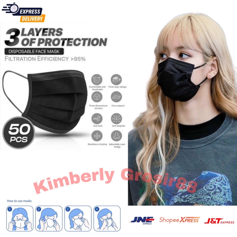 Jual MASKER EARLOOP HITAM 3PLY ISI 50pcs / Duckbill KF94 Warna | Shopee ...