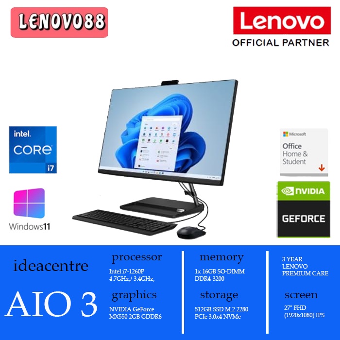 Jual LENOVO IDEACENTRE AIO 3 27IAP7 CORE I7-1260P 16GB 512GB MX550 W11 OHS | Shopee Indonesia