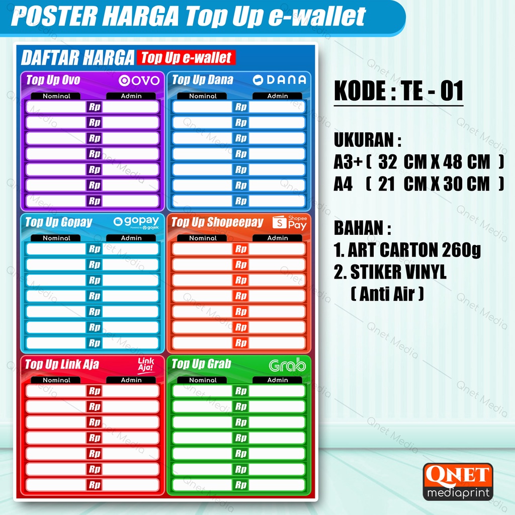 Jual STIKER / POSTER DAFTAR HARGA TOP UP E-WALLET + LAMINASI GLOSSY ...