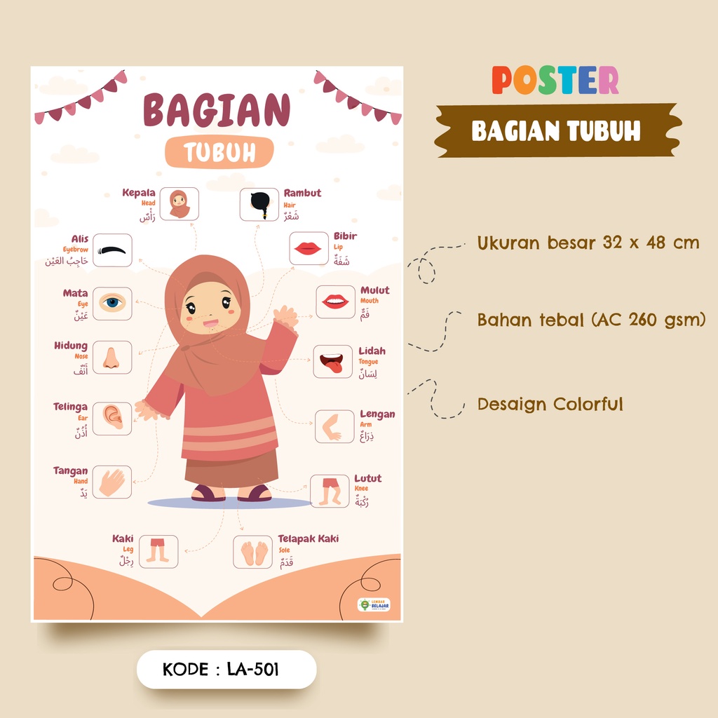 Jual Poster Edukasi Mengenal Anggota Badan Bahasa Arab Inggris-Poster ...