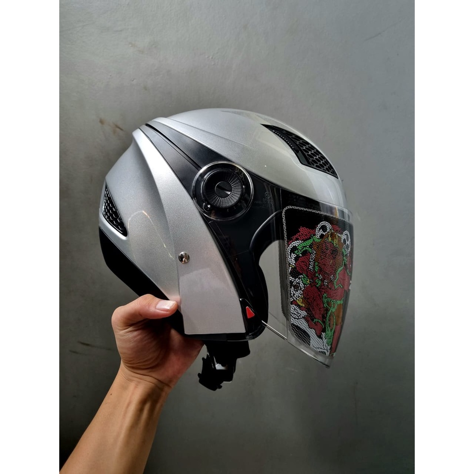 Jual ZEUS ZS 610 SPECIFY SILVER GLOSSY HALF FACE DOUBLE VISOR | Shopee ...