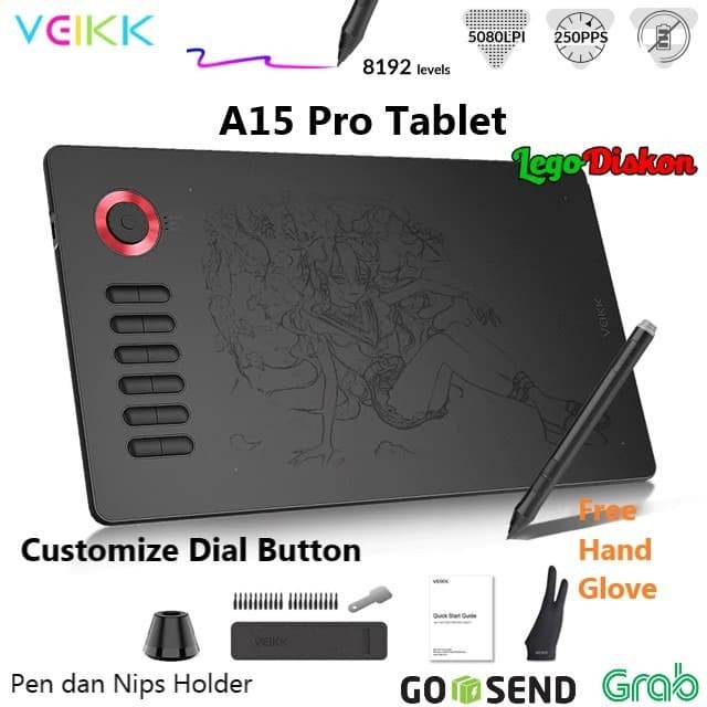 Jual Drawing Drawing Tablet Veikk A15 Pro 10X6Inch Customize Dial - Pen ...