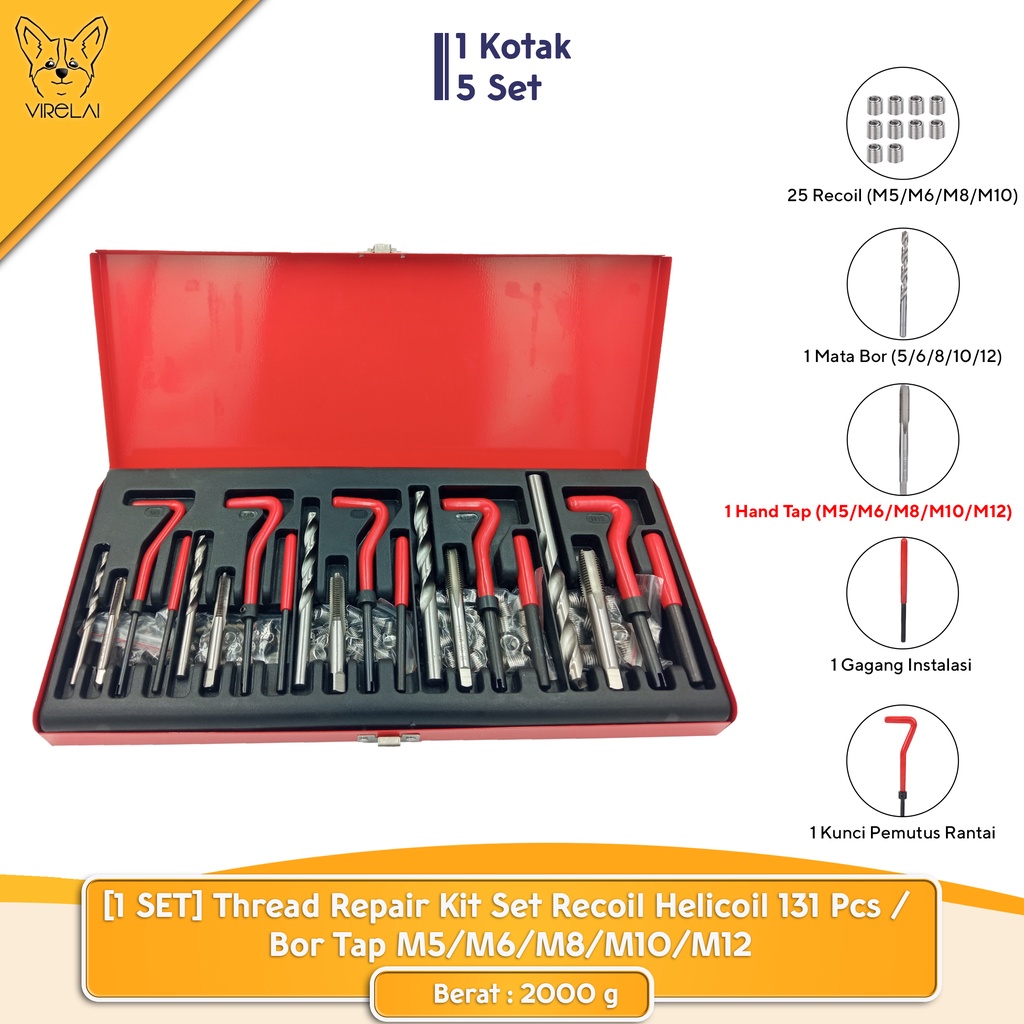 Jual [1 SET] Thread Repair Kit Set Recoil Helicoil 131 Pcs / Bor Tap M5 ...