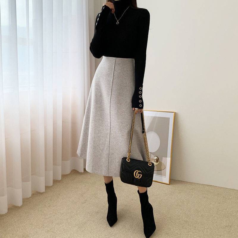 Jual 2022 Wanita Warna Solid Wol Rok Elegan Panjang Ayunan Besar Rok ...