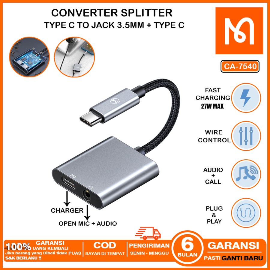 Jual MCDODO AUDIO CONVERTER TYPE-C SPLITTER TYPE C JACK 3.5mm OPEN MIC ...
