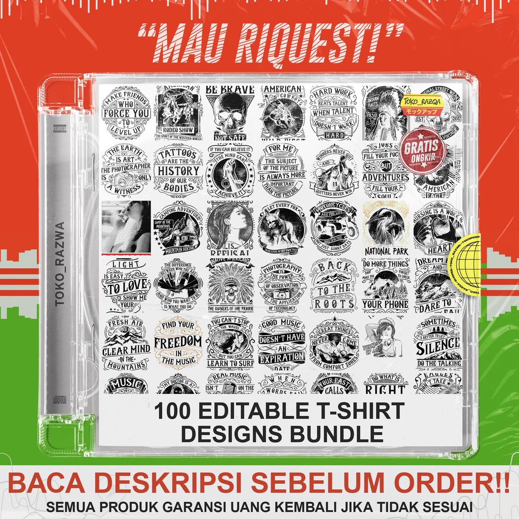 Jual 100 Editable T-Shirt Designs Bundle - Disain Sablon DTF - DTG ...