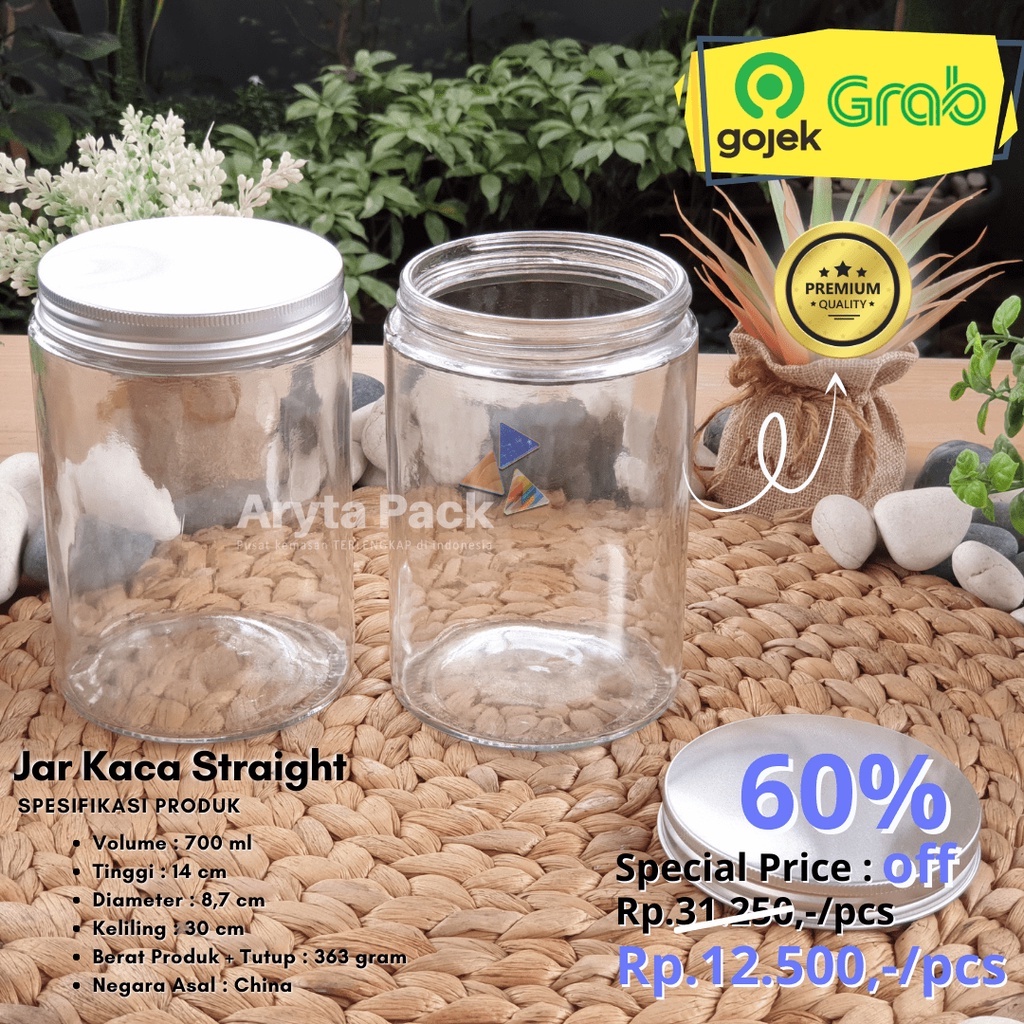 Jual Jar kaca 700ml straight glass jar toples tutup alumunium silver ...