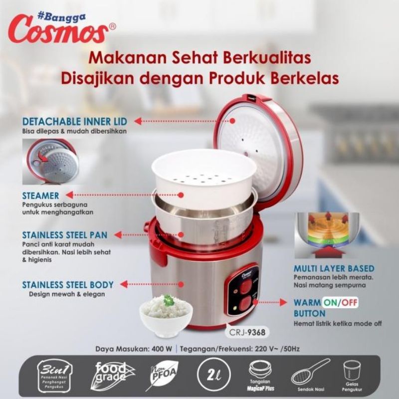 Jual rice cooker cosmos CRJ 9368 stainless steel 2 liter / magic com ...