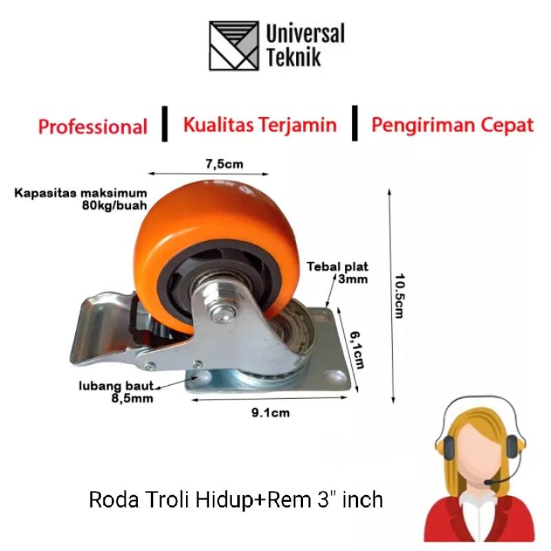 Jual Roda troli Troly PVC/PU Hidup+Rem 3 inch orange roda Caster kastor ...