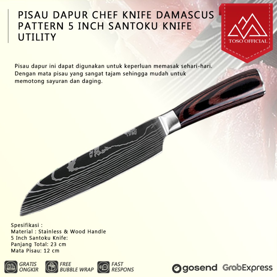 Jual PISAU DAPUR CHEF KNIFE DAMASCUS PATTERN - 5 INCH SANTOKU KNIFE ...